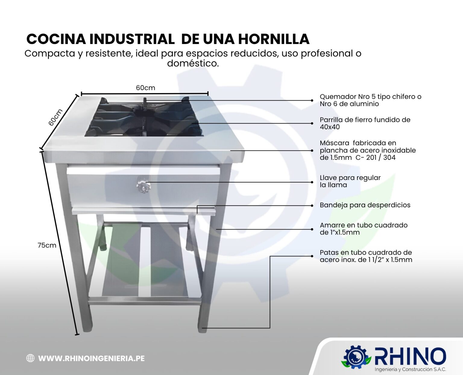 COCINA INDUSTRIAL DE UNA HORNILLA CI1H40 – 201 – Rhino Ingenieria